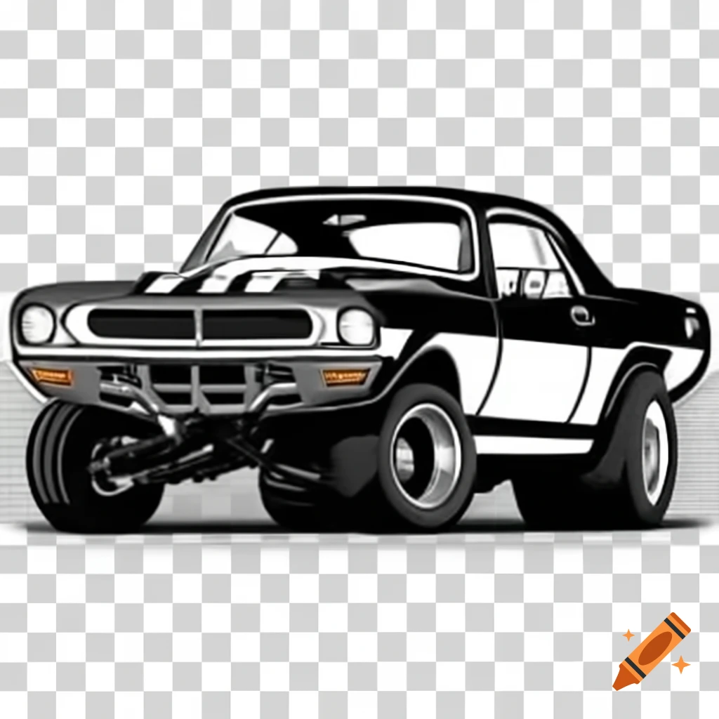 Cartoon Mopar muscle car with oversized rear tires in black and white ...