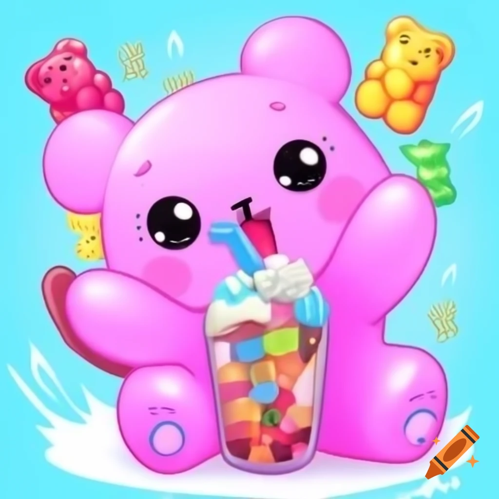 Adorable pink gummy bear sipping a vibrant milkshake with gummy bear ...
