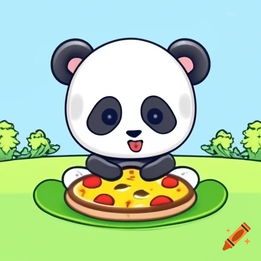 Cartoon baby panda eating cheese pizza on lush grass on Craiyon
