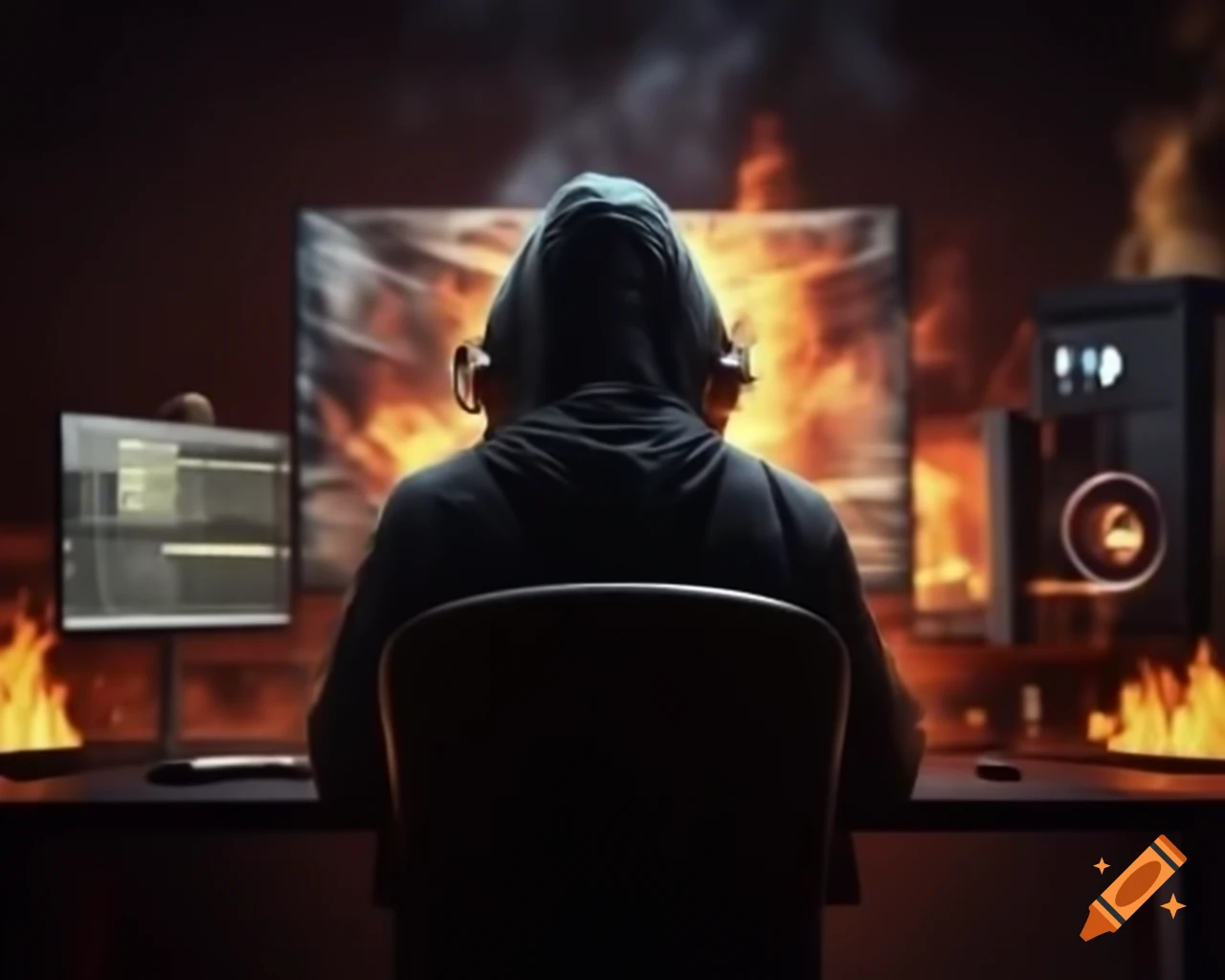 Video editor working at PC surrounded by fire and flames on Craiyon