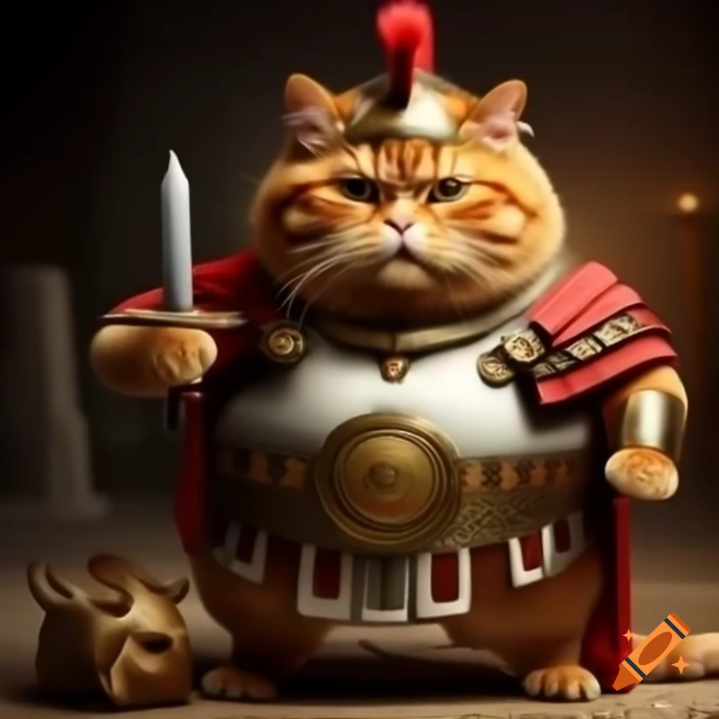 Cartoon orange cat in gladiator helmet with sword in Colosseum on Craiyon