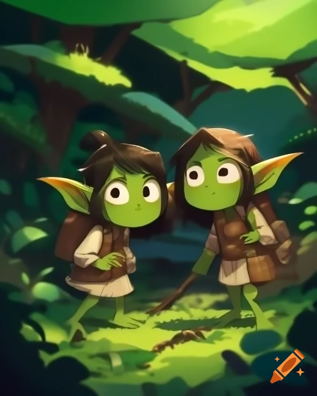Two green-skinned goblin girls exploring a lush forest city, anime ...