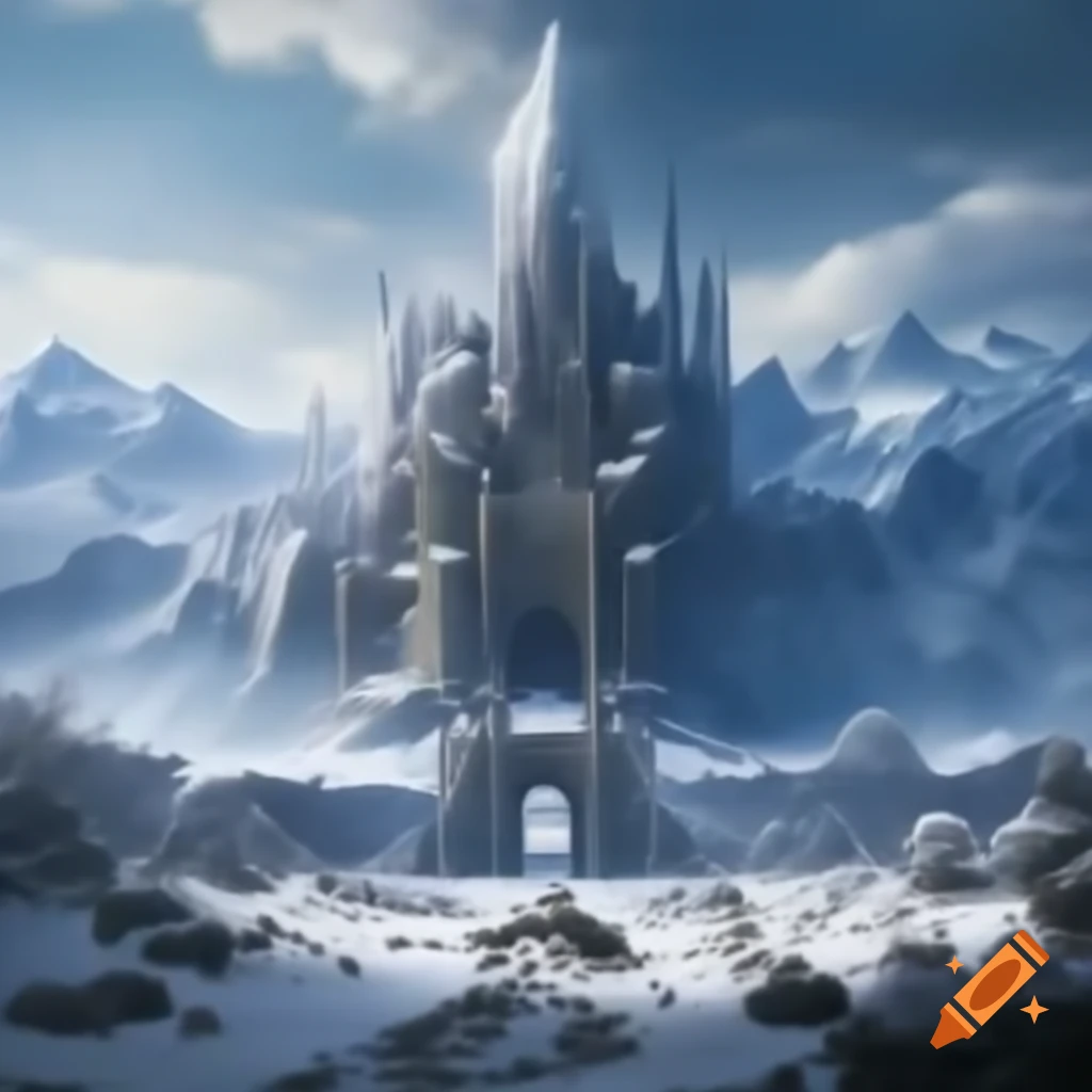 Snowy fantasy landscape with heavenly gate and mountains on Craiyon