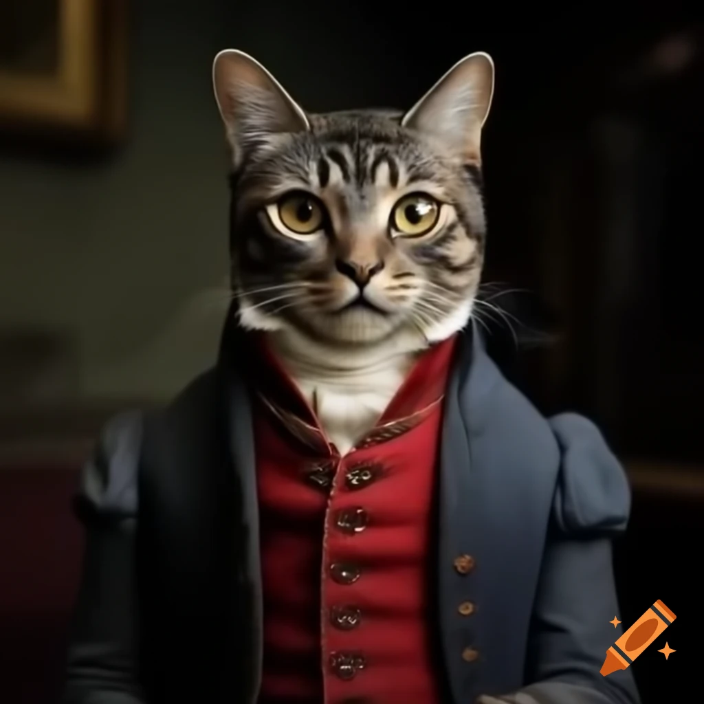 Calico cat dressed as Mr. Darcy from Pride and Prejudice on Craiyon