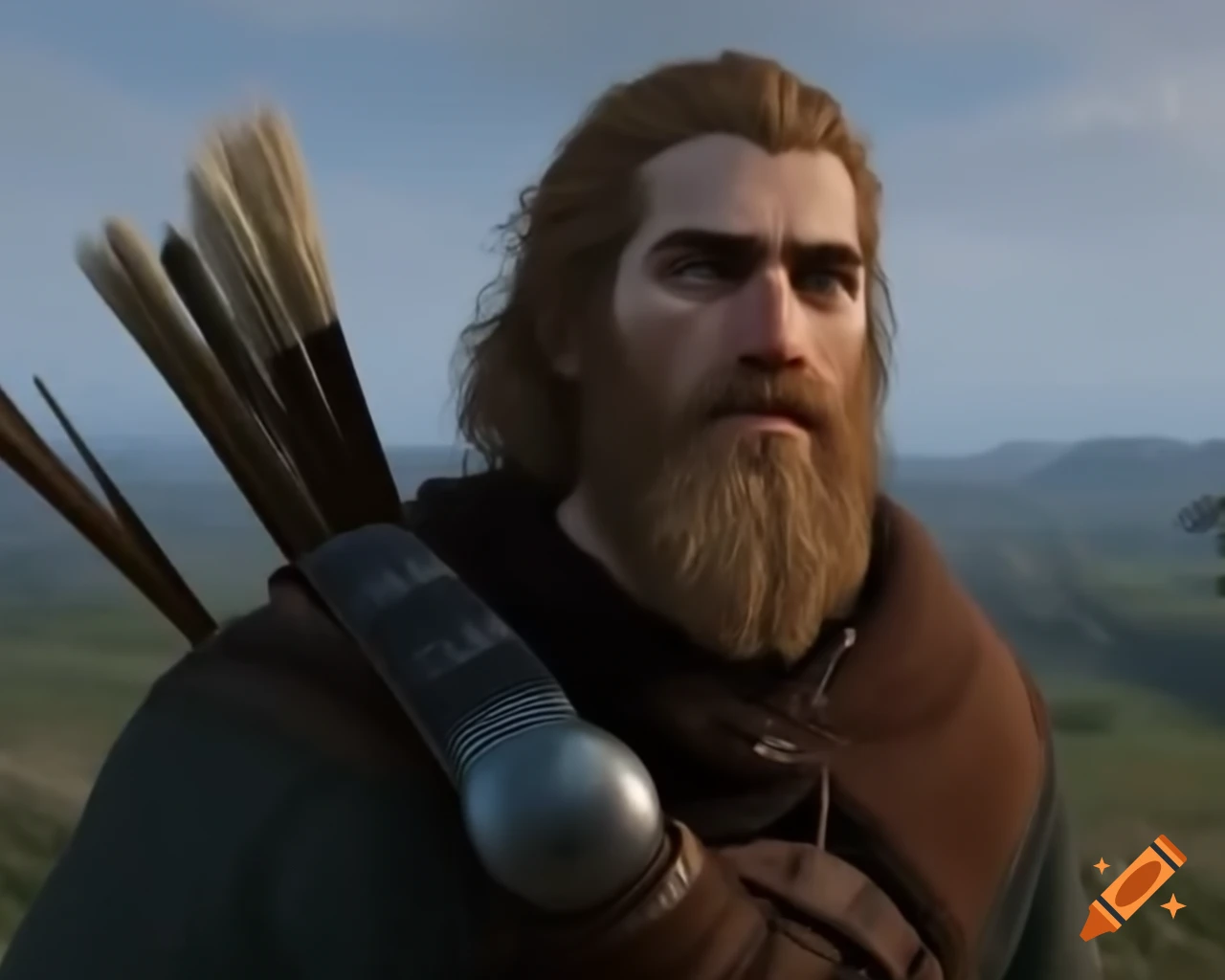 Longbowman in leather armor preparing for battle on rolling hills on ...