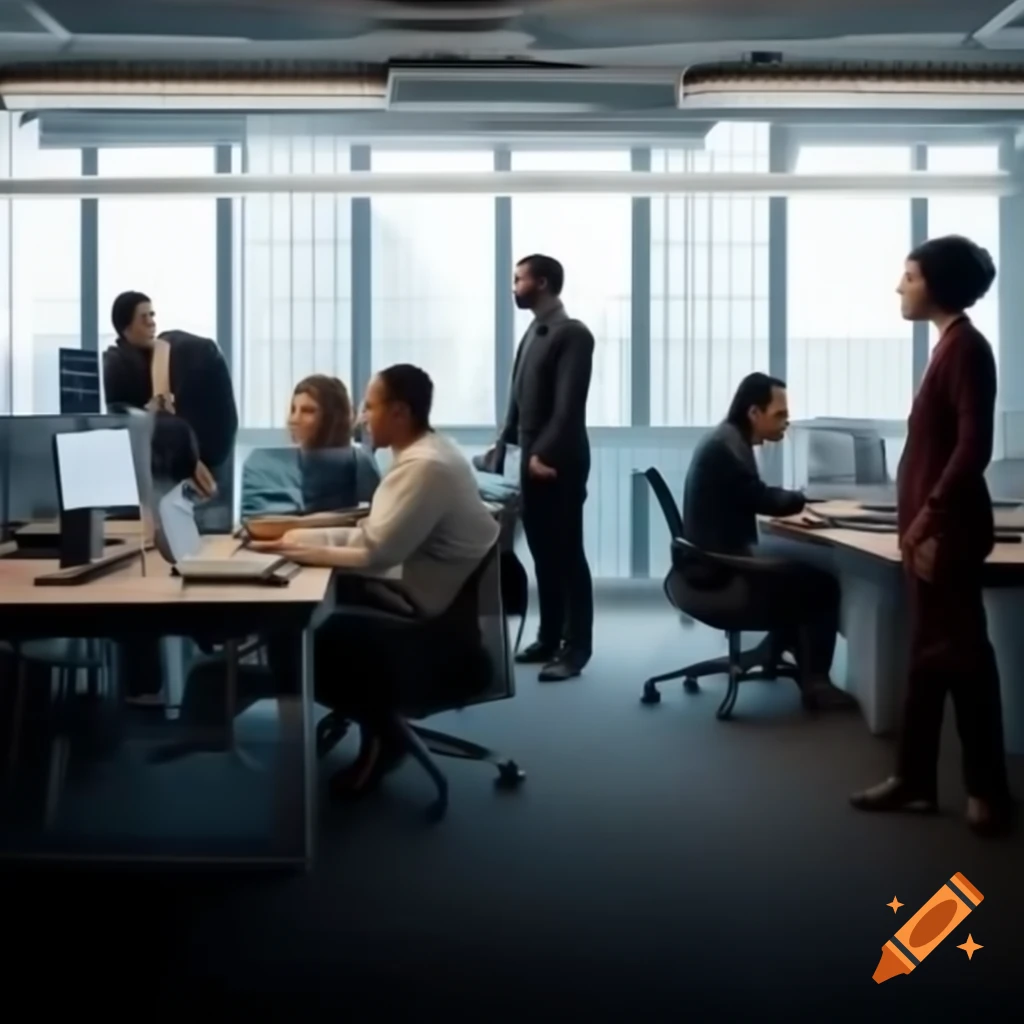 Diverse employees working in modern office environment with computers ...