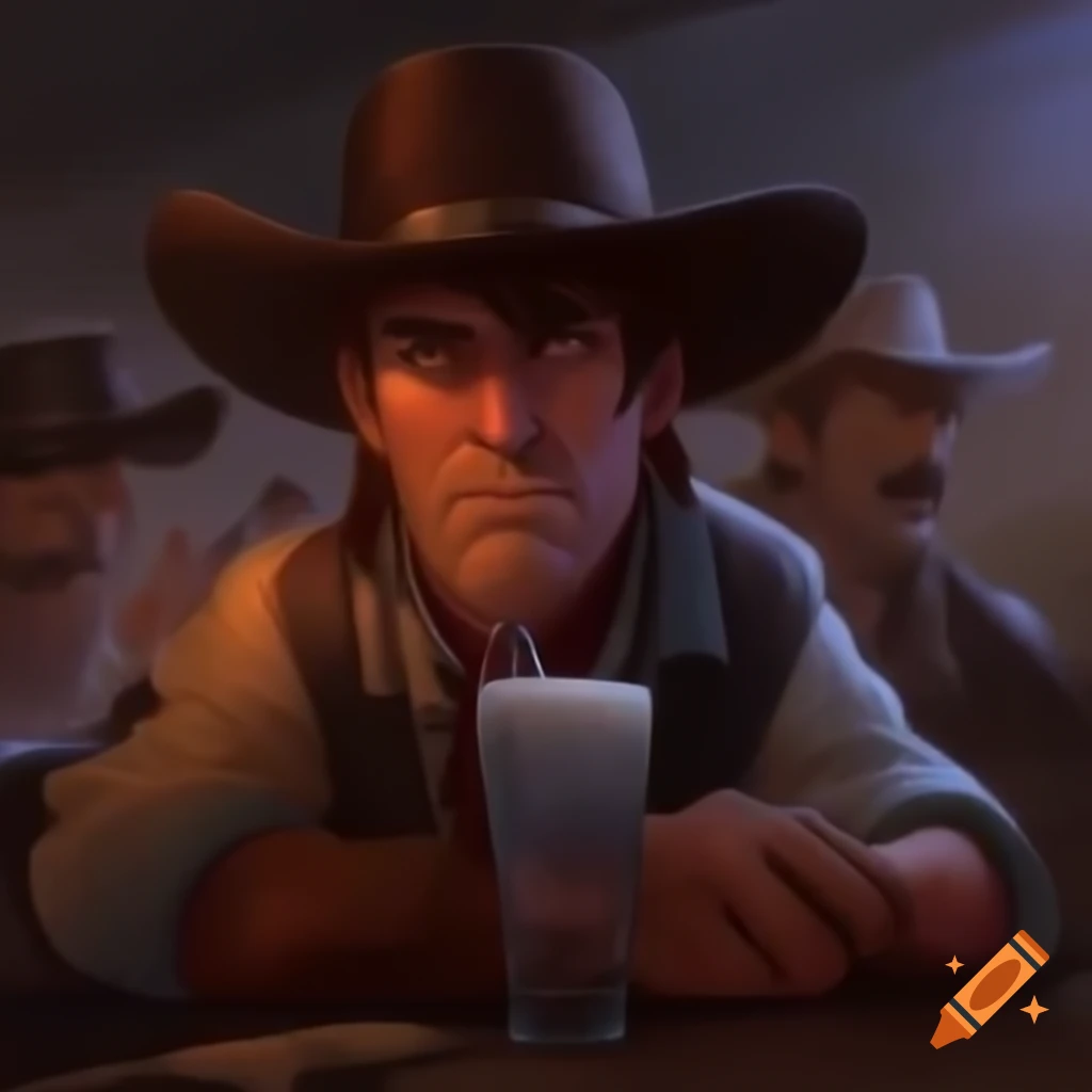 Rough cowboy gazing at drink, surrounded by angry cowboys on Craiyon