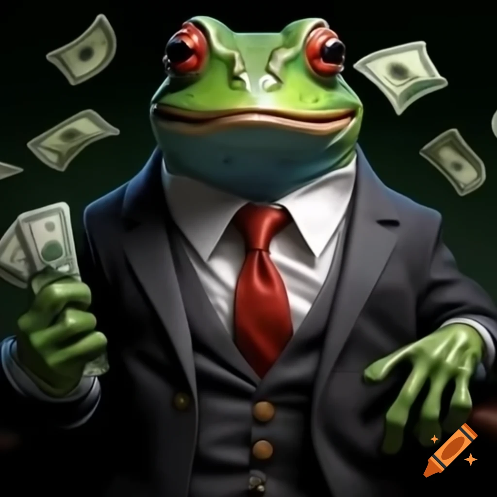 Psychedelic frog in business suit holding cash on Craiyon