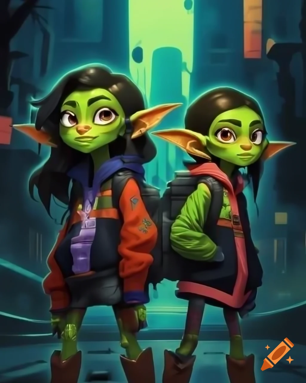 Energetic green-skinned goblin girls in punk jackets exploring ...