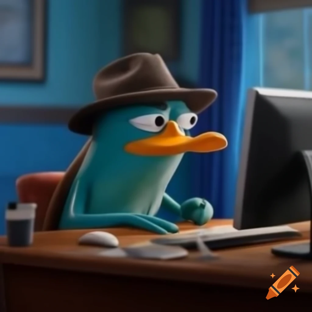 Perry the Platypus in fedora sitting at desk looking at computer on Craiyon