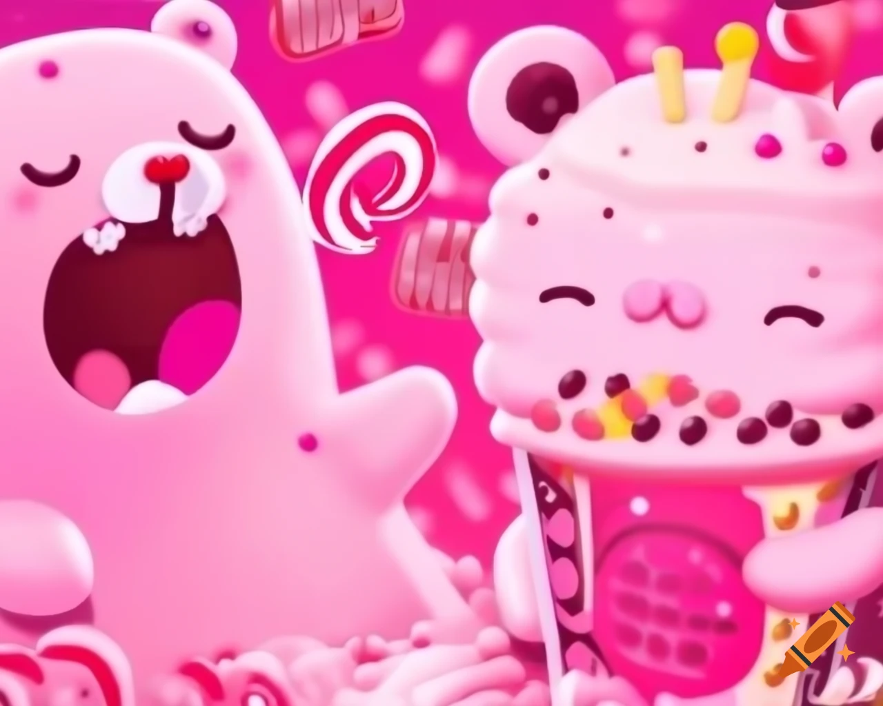 Cute bubblegum pink anime gummy bear with sparkly eyes enjoying a ...