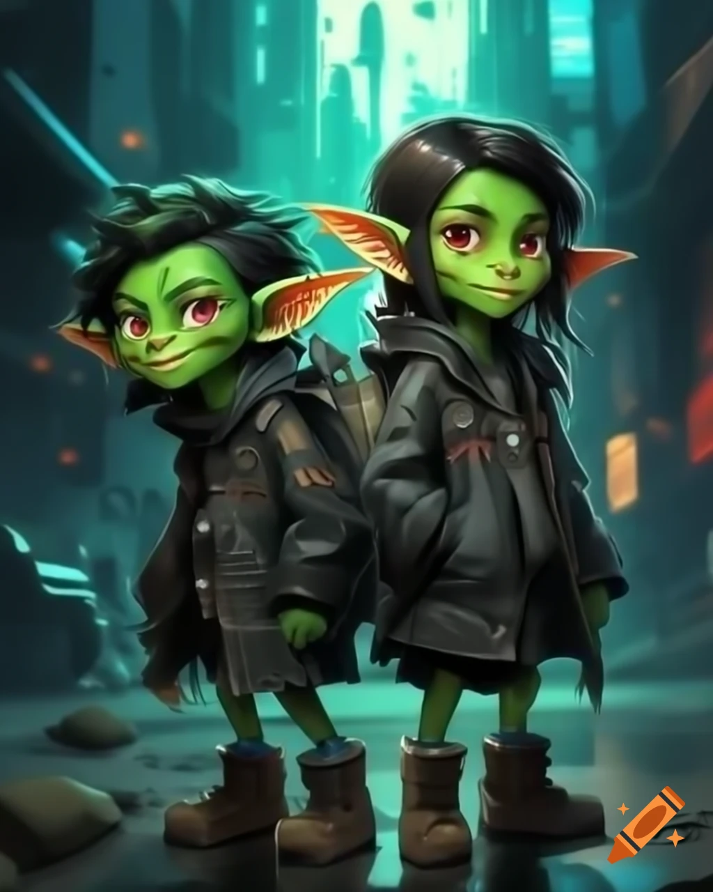 Energetic green-skinned goblin girls in punk jackets exploring ...