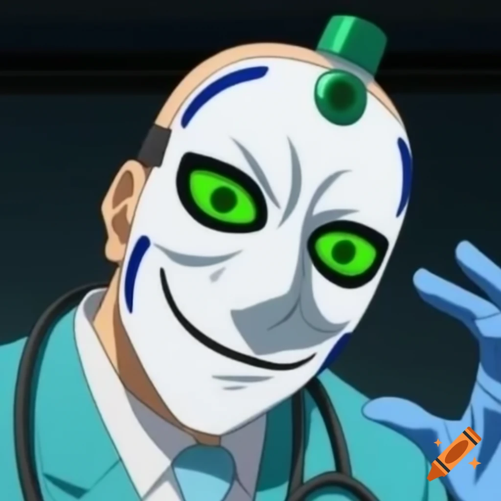 Anime doctor with mask, green eyes, holding injection and showing evil ...