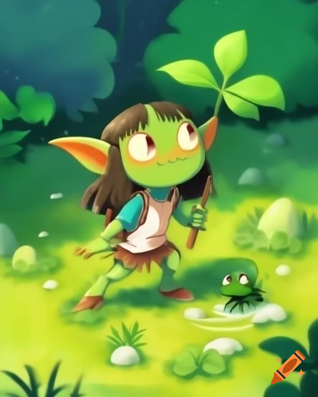 Curious green-skinned goblin girl chasing frog in lush garden, anime ...