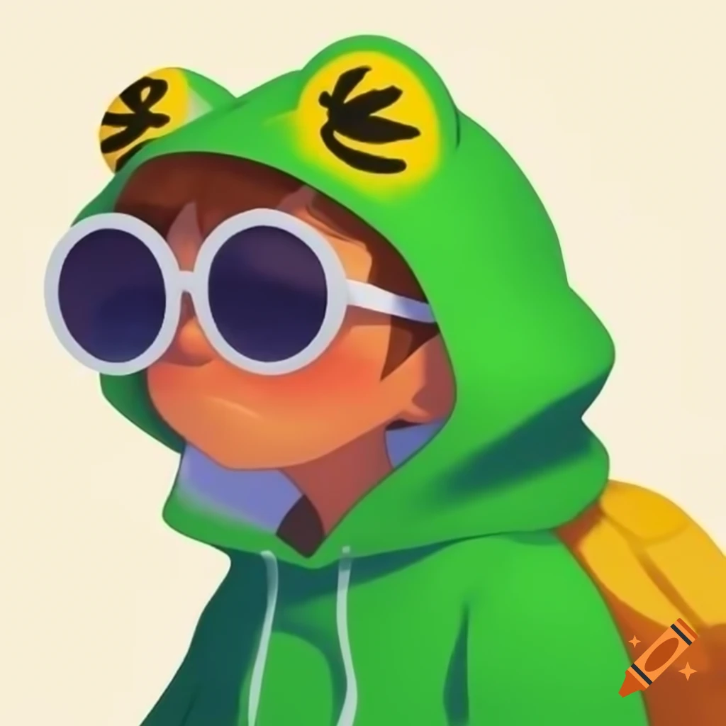 Anime boy in green pepe frog hoodie with white framed sunglasses on Craiyon