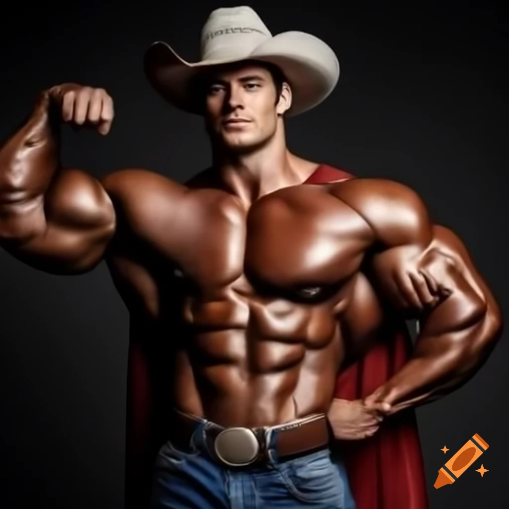 Muscular bodybuilder in cowboy hat holding champion belt on Craiyon