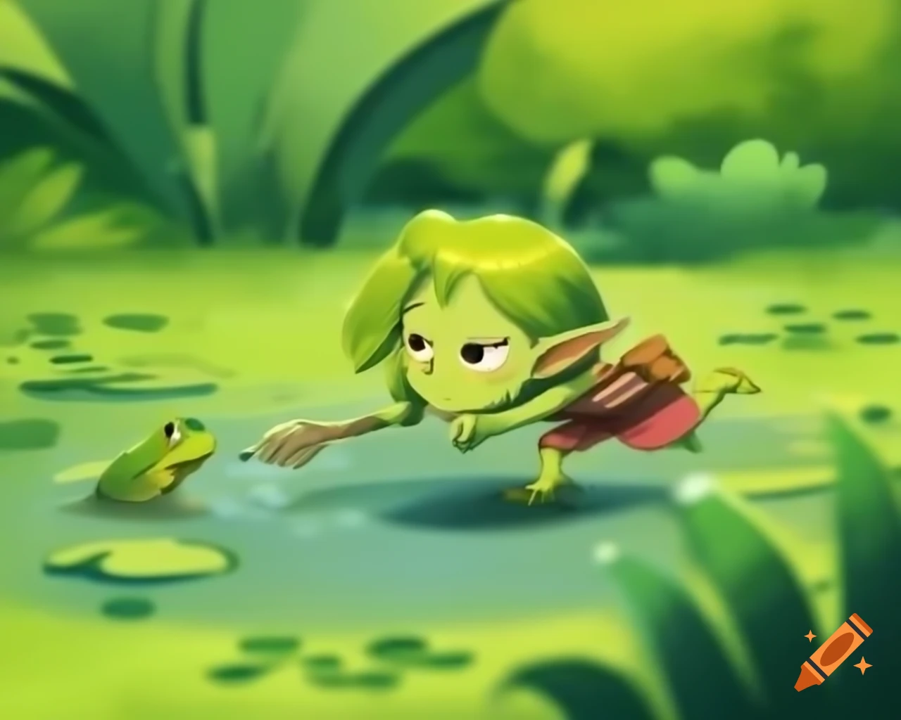 Anime goblin girl chasing frog in lush garden pond on Craiyon