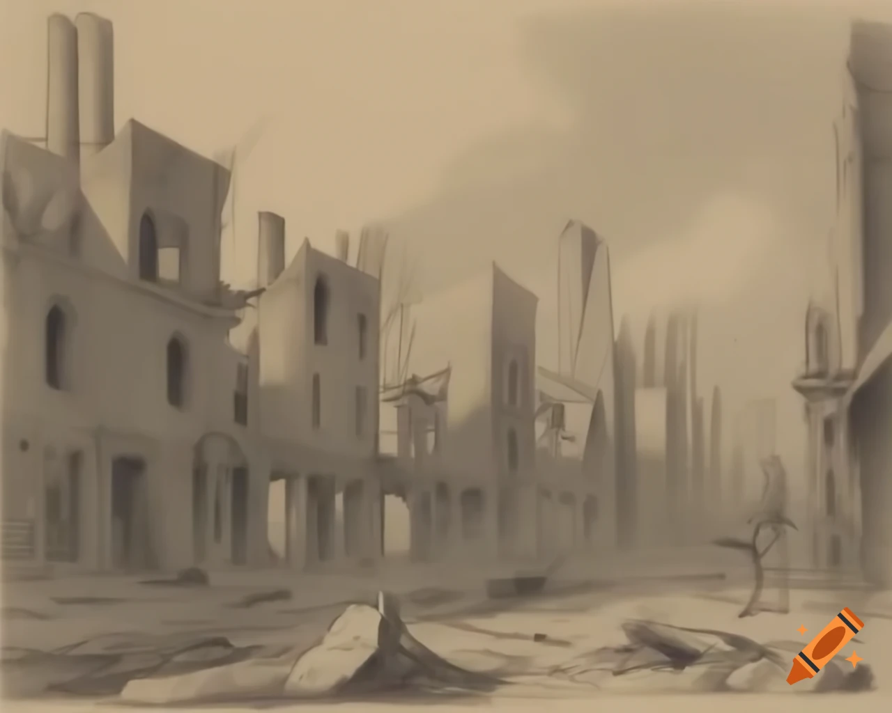 Pencil sketch of an old destroyed city, simple and without background ...