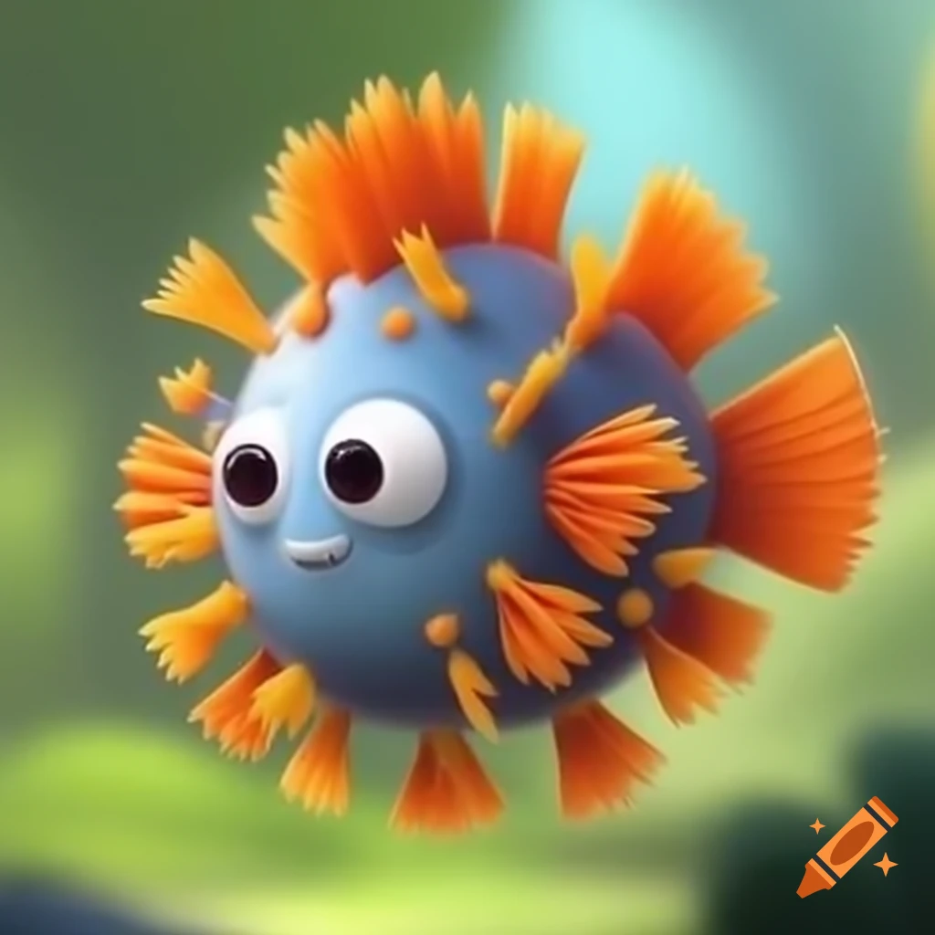 Cartoon spherical fish with orange spikes and long tail on Craiyon