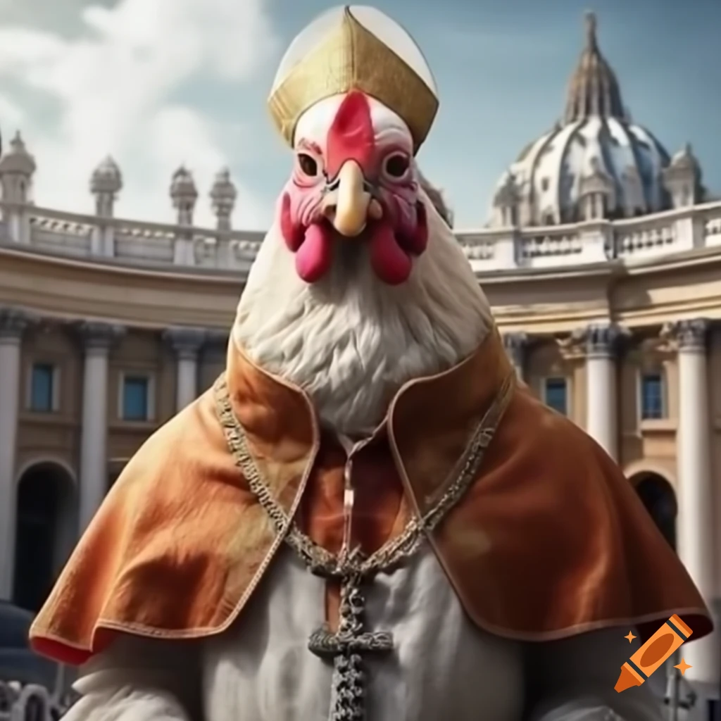 Chicken in papal attire with St. Peter's Basilica backdrop on Craiyon