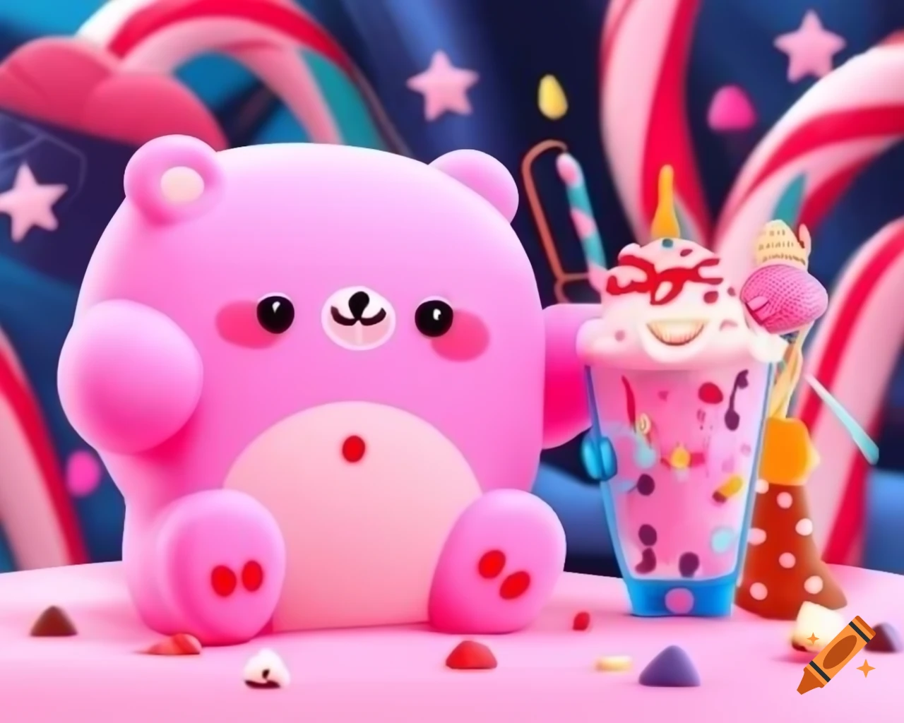 Cute bubblegum pink anime gummy bear with sparkly eyes enjoying a ...