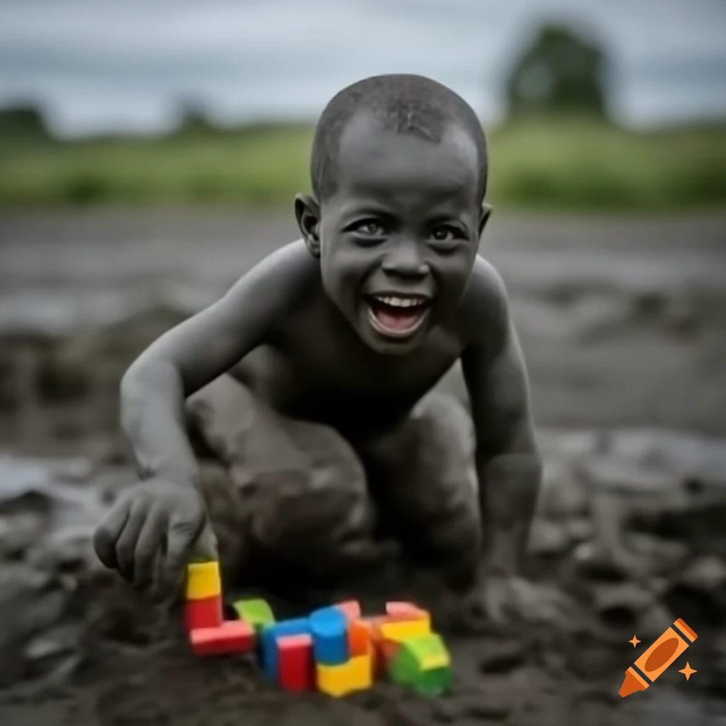 Black boy enjoying playtime with blocks in the mud on Craiyon
