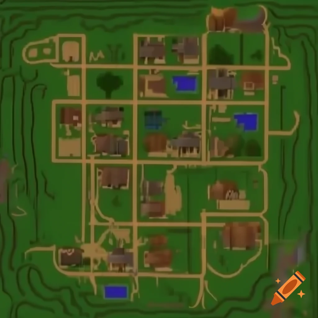 Bird's eye view map of Miner's Ridge in Minecraft with houses, church ...