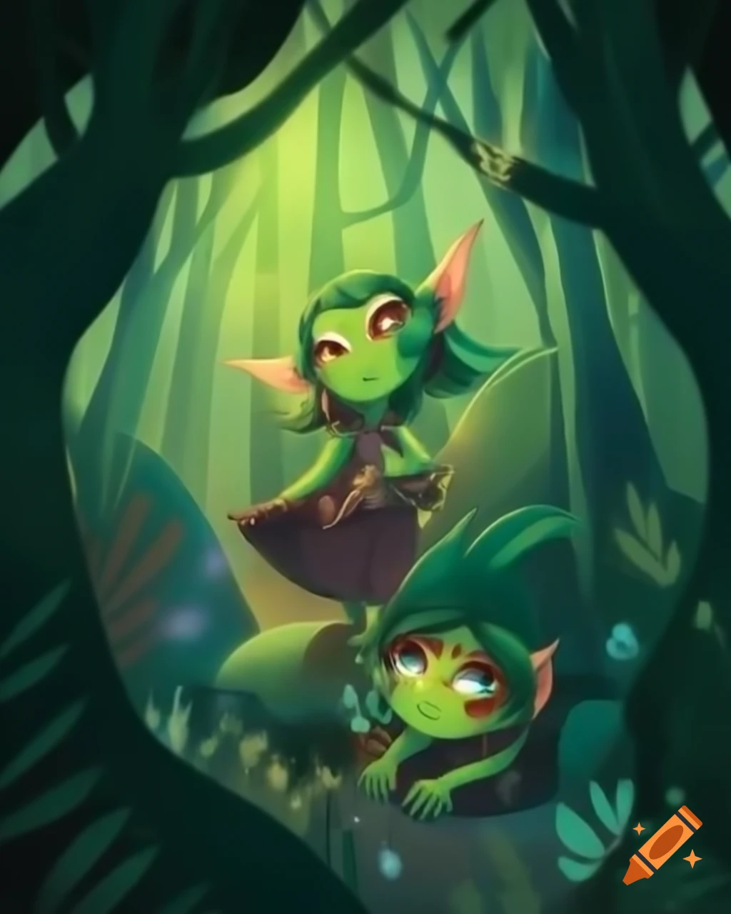 Two green-skinned goblin girls exploring an enchanted vibrant forest in ...