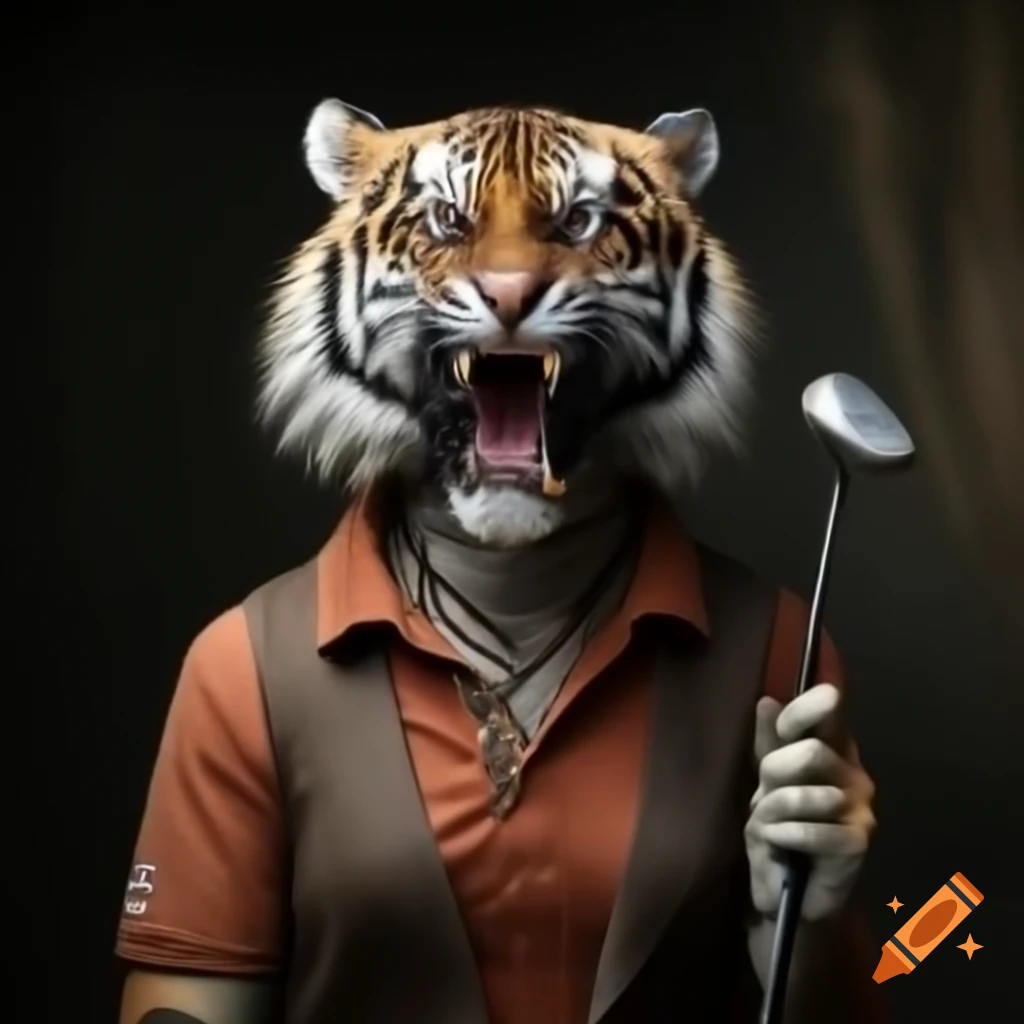 Realistic female tiger holding golf club with mouth open on Craiyon