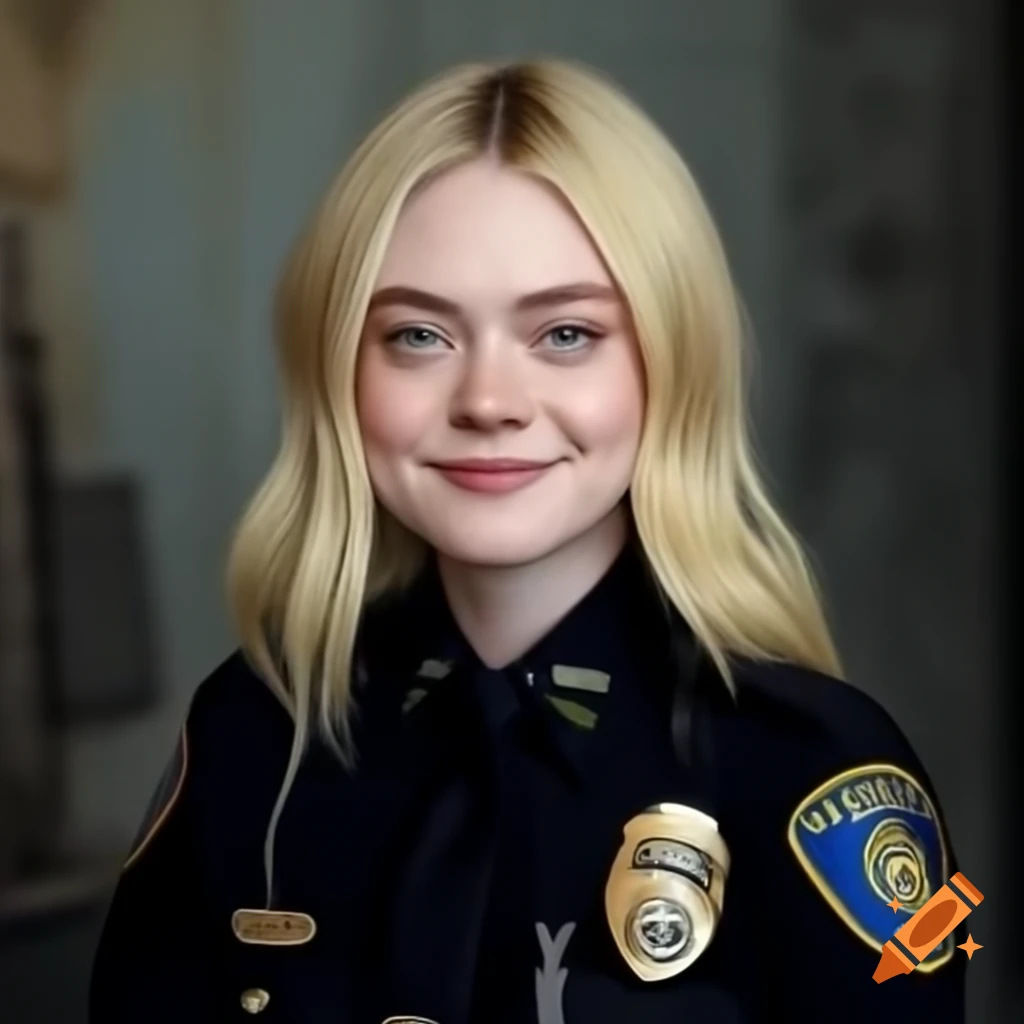Smiling blonde female police officer resembling Elle Fanning on Craiyon