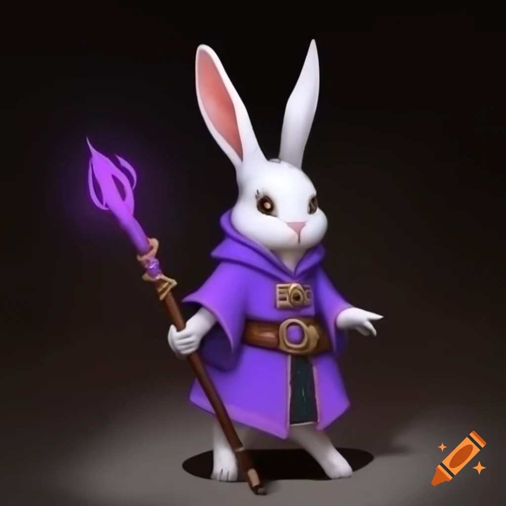 Cute white rabbit wearing a purple staff cloak, DnD theme on Craiyon