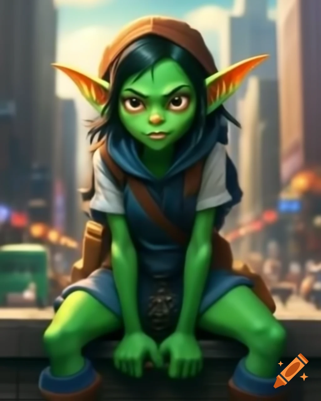 Energetic green-skinned goblin girl sitting on wall in bustling city on ...