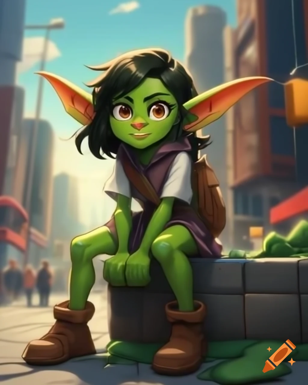 Energetic green-skinned goblin girl sitting on wall in busy city on Craiyon