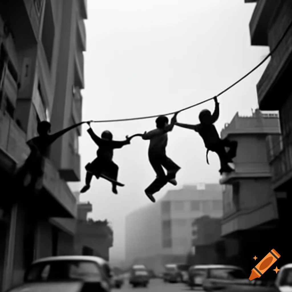 Children dancing on a rope between two buildings, viewed from below on ...