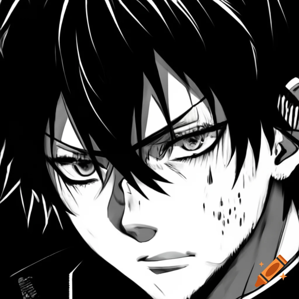 Close-up of intense anime male character with sharp eyes and short ...