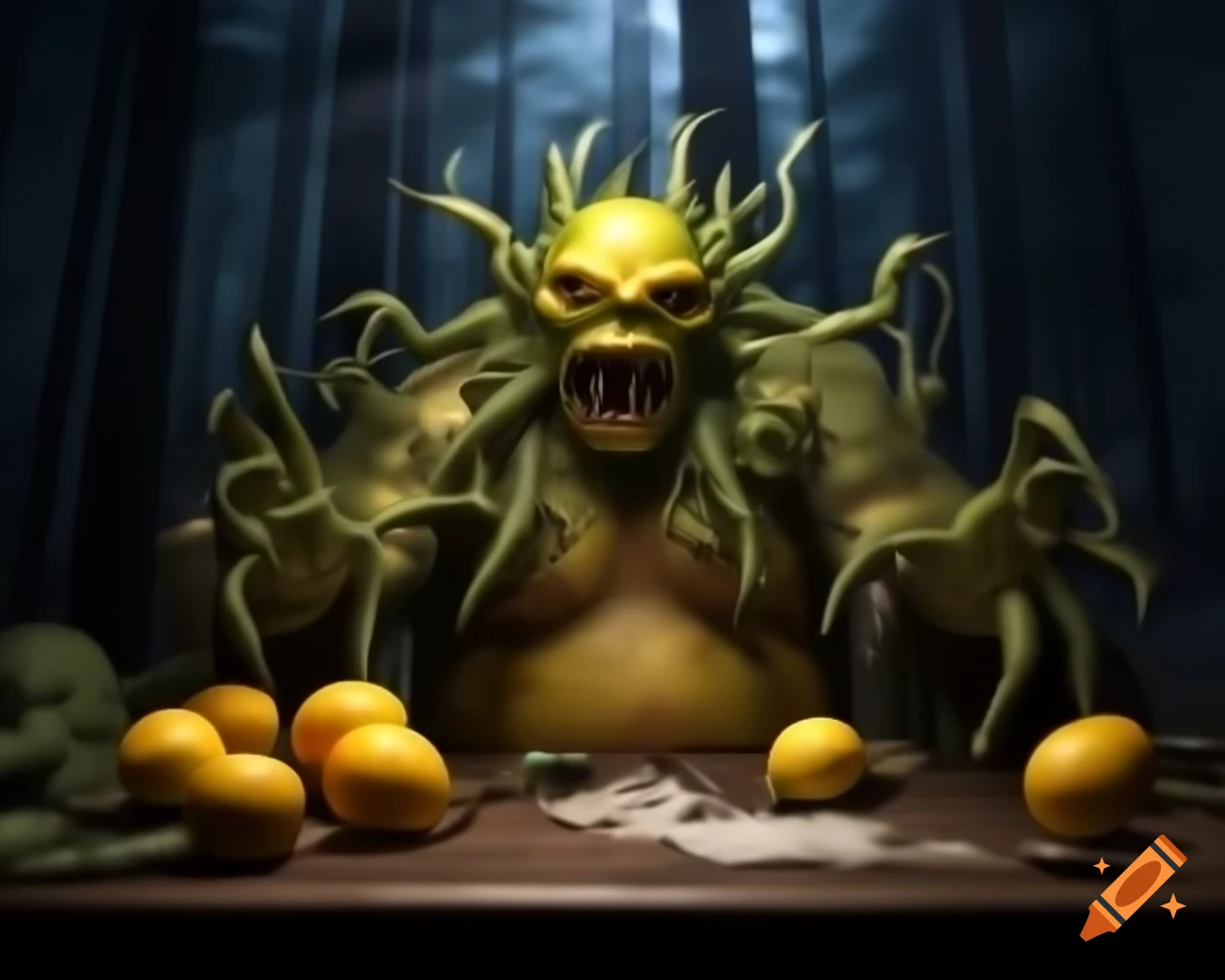 Hyper-realistic close-up of a mutant lemon fruit monster from Omega ...