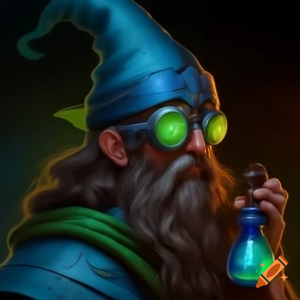 Medieval alchemist with goggles and potion bottles in blue and green ...
