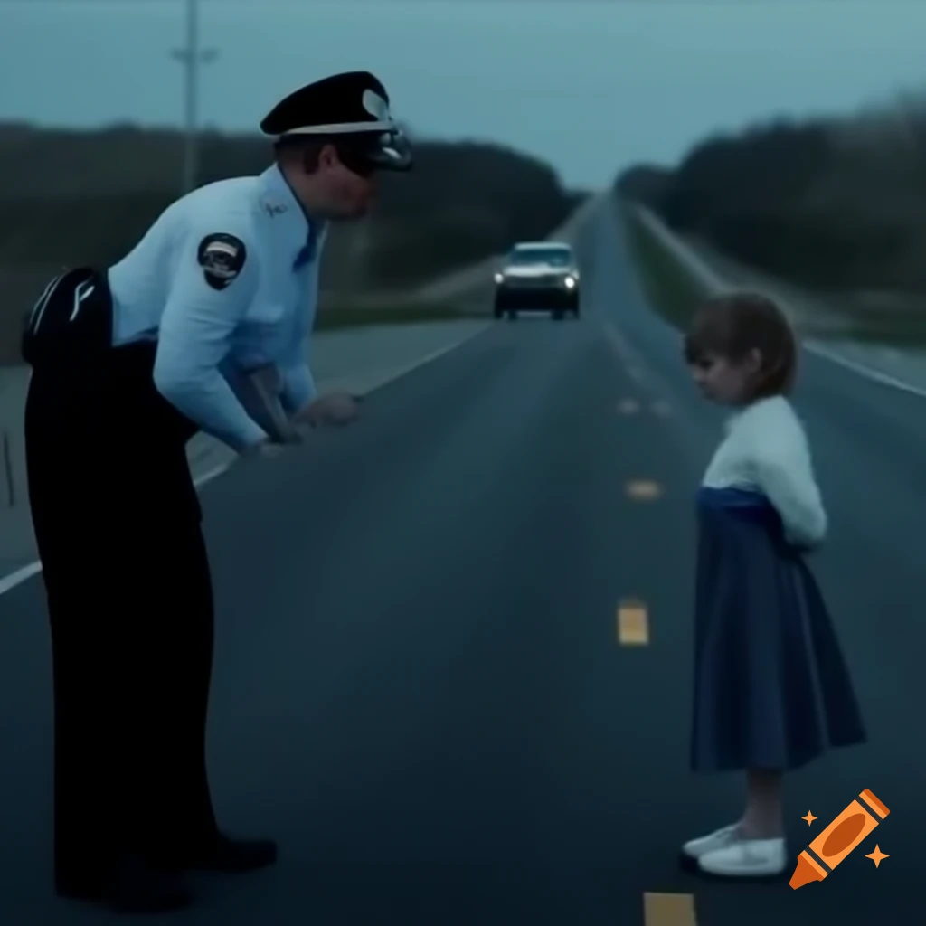Dark-haired girl interacting with police officer on highway on Craiyon