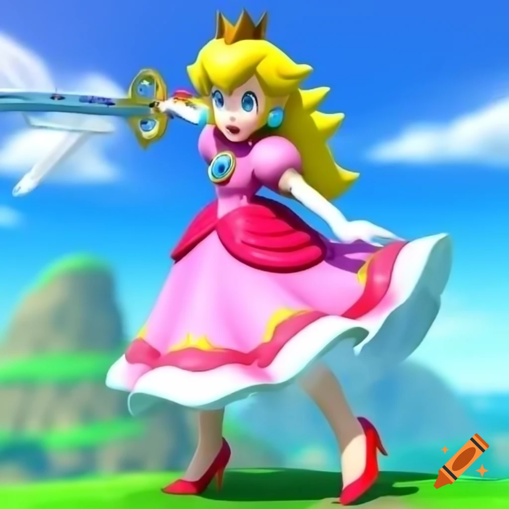 Link in Princess Peach costume sword fighting on mountain in high ...
