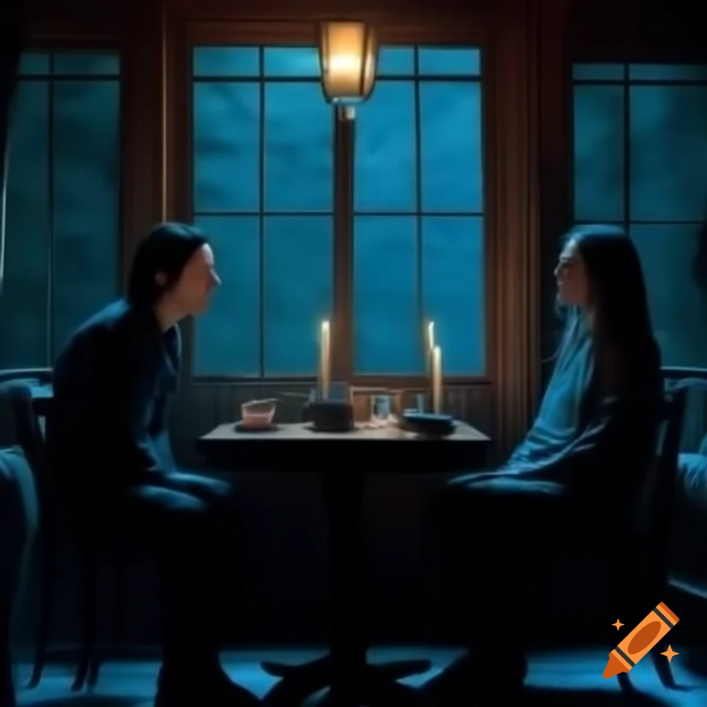 Cinematic scene of Keanu Reeves and friend in candle-lit cabin, serious ...