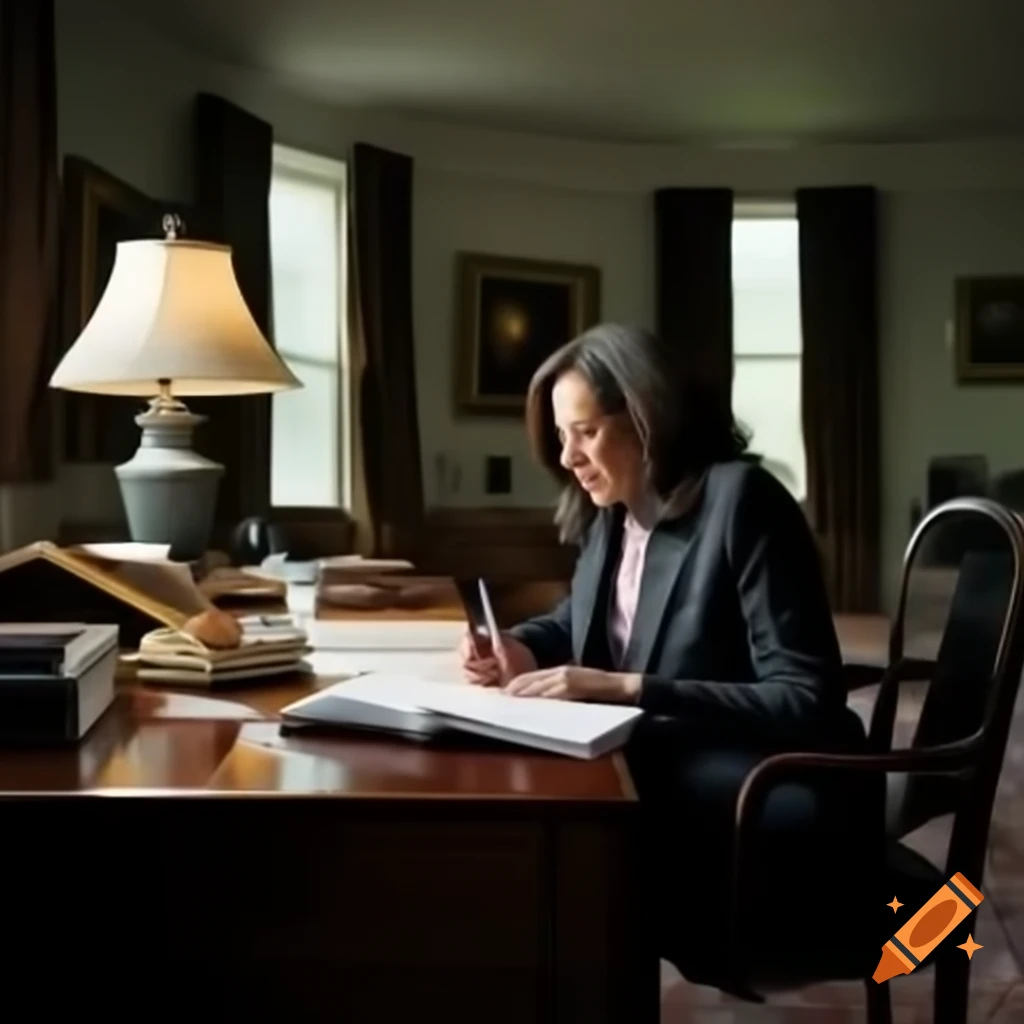 Kamala Harris writing in journal at expansive desk with illuminated ...