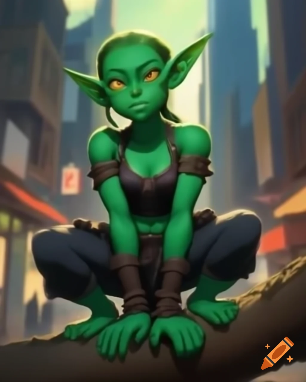Energetic green-skinned goblin girl in tree amidst crowded city, anime ...