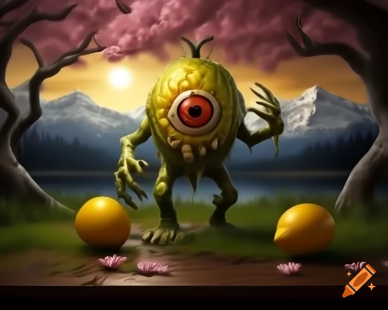 Closeup of hyper-realistic mutant fruit monster from Omega Mart on Craiyon