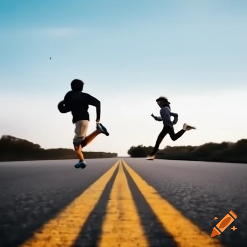 One person running on road, another person depicted in the sky on Craiyon