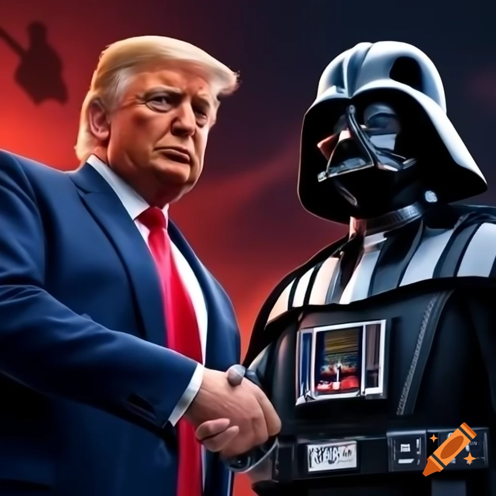 Donald Trump and Darth Vader shaking hands in a warzone setting on Craiyon