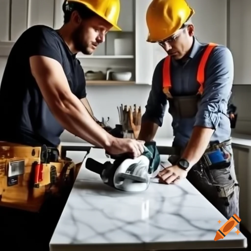Construction workers installing white marble countertop in modern ...