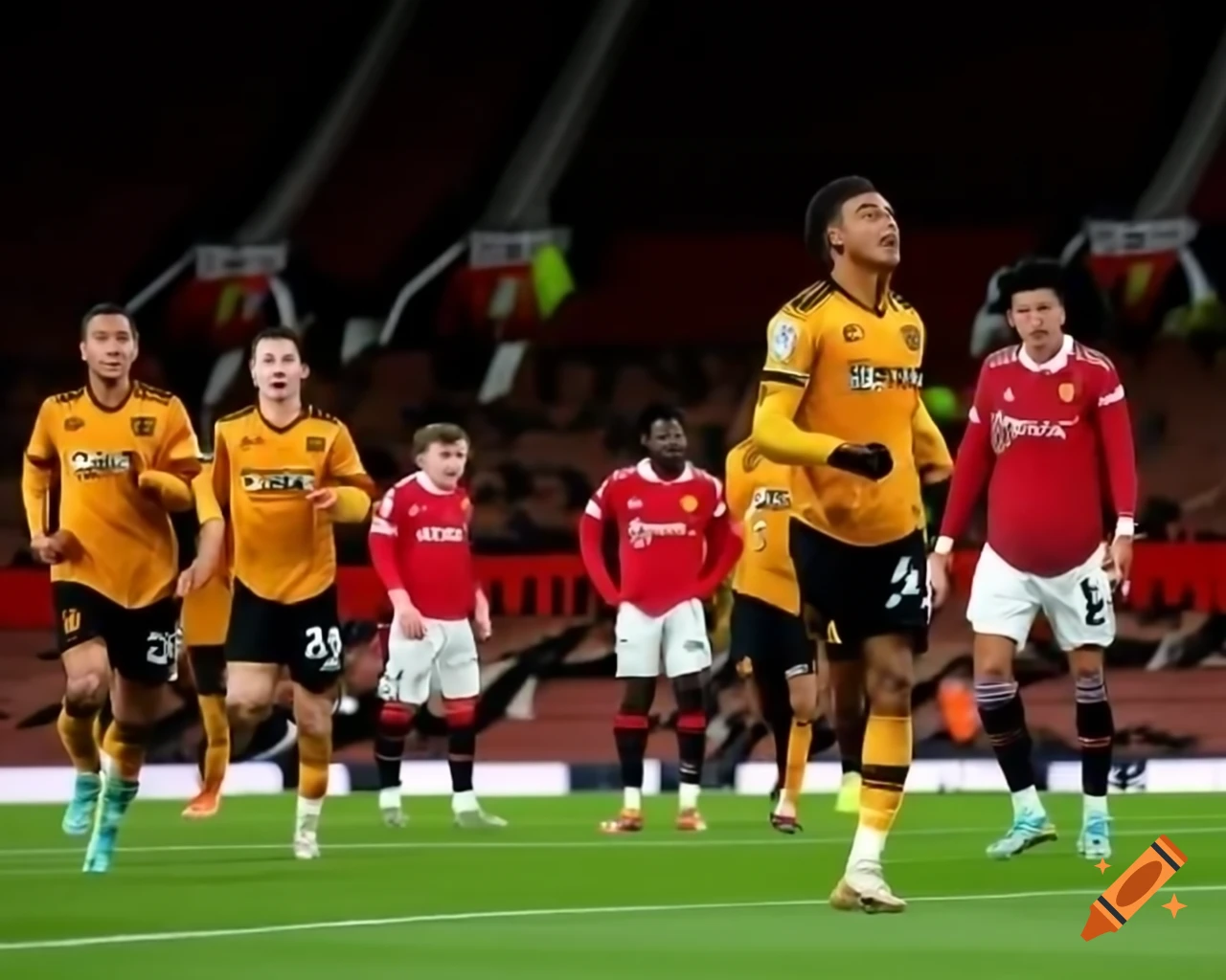 Wolverhampton Wanderers players celebrating a goal at Old Trafford ...