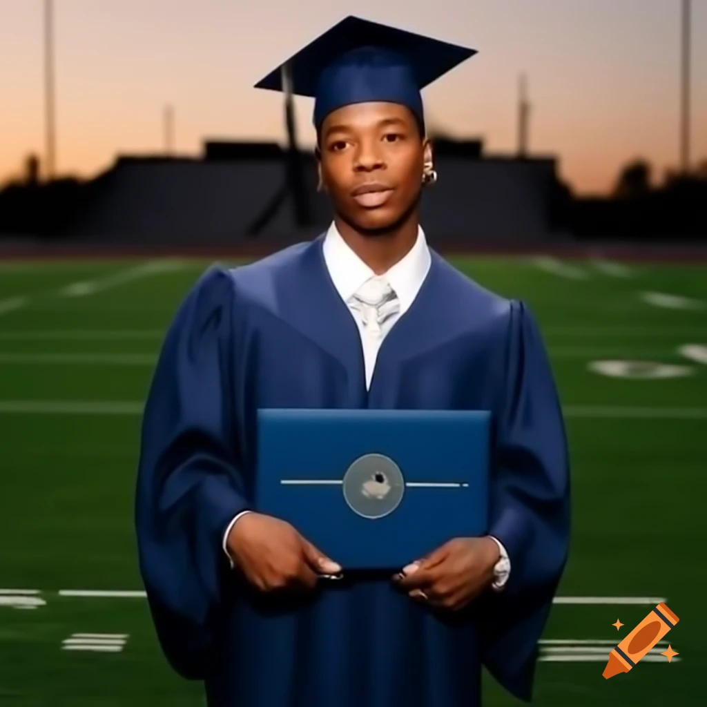 Young Travis Scott in graduation gown holding diploma on football field ...