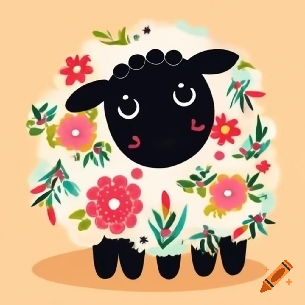 Cartoon black sheep with flowers and 'black sheep' text on Craiyon