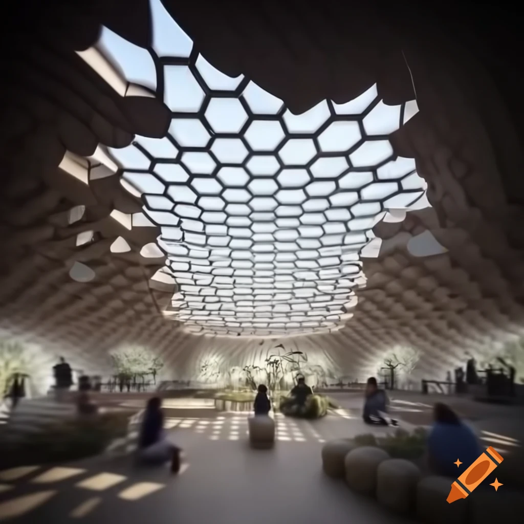 Futuristic community pavilion with honeycomb-patterned roof and ...